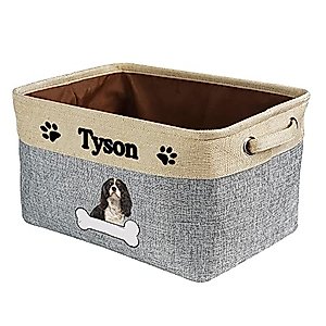 Personalized Dog Cavalier King Charles Spaniel Bone Decorative Storage Basket Fabric Durable Rectangle Toy Box with 2 Handles for Organizing Closet Garage Clothes Blankets Grey and White
