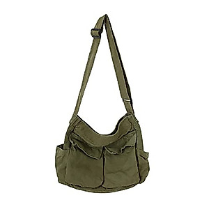 GAI Canvas Messenger Bag For Women Large Hobo Bags for Men Crossbody Hippie Bag Multi-pocket Aesthetic Grunge Shoulder Bag (One Size,Army Green)