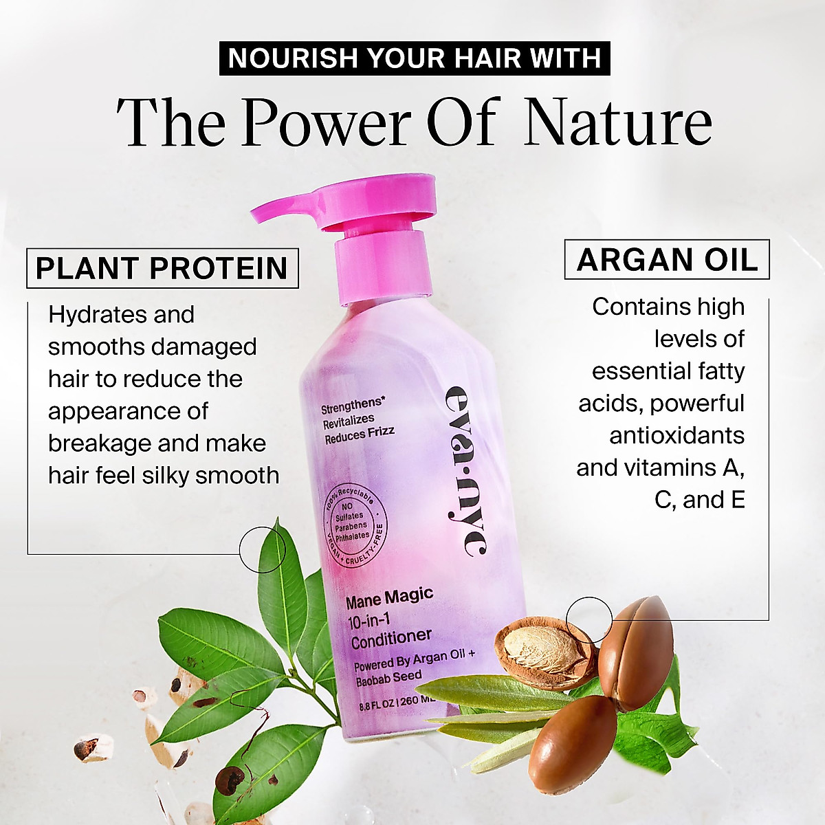 EVANYC Hair Conditioner, Mane Magic 10-in-1, 8.8 fl oz, Sulfate Free, Strengthening Conditioner for Dry Hair and All Hair Types, GMO-Free, Vegan, Plant Protein, Argan Oil, Baobab Seed Oil