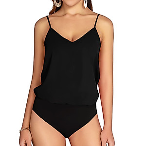 MANGOPOP Women's Bodysuit V Neck Spaghetti Strap Tank Tops Cami Backless Sleeveless Loose Fit Blouse Body Suits Sexy Casual