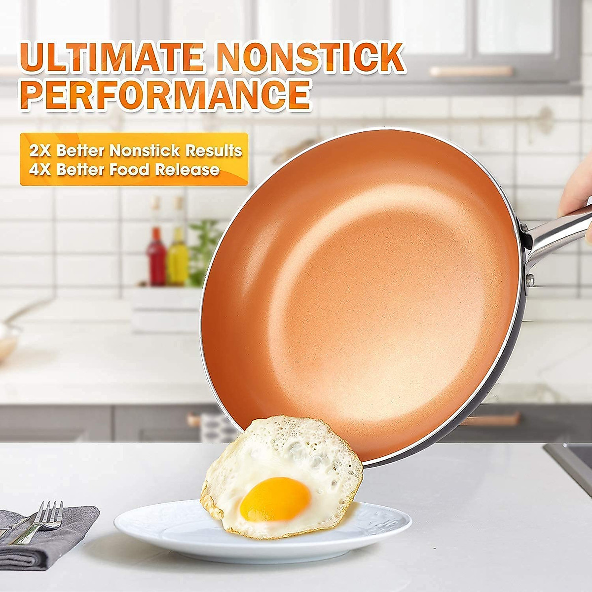 MICHELANGELO 8 Inch + 10 Inch +12 Inch Frying Pan Set, Copper Frying Pan Set with Lid, 8"+10"+12''