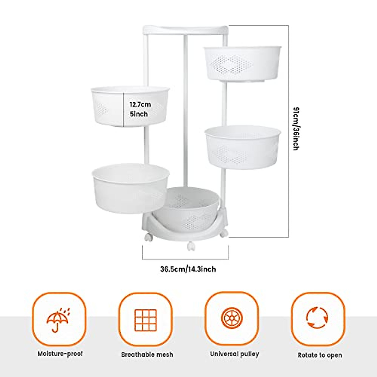 JELLYRATTBIT 5 Tier Round Rotating Multi-Layer Kitchen Storage Rack, Fruit and Vegetable Storage Basket Floor-Standing Storage Rack Household Storage Rack for Kitchen Living Room Toilet - White