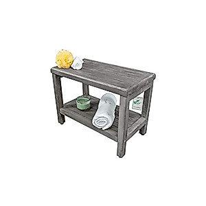 CostalVogue Eleganto Shower Bench Teak Wood Shower Bench with Storage Shelf Shower Foot Stool in Antique Gray Finish for Indoors and Outdoors - 24 inches Long