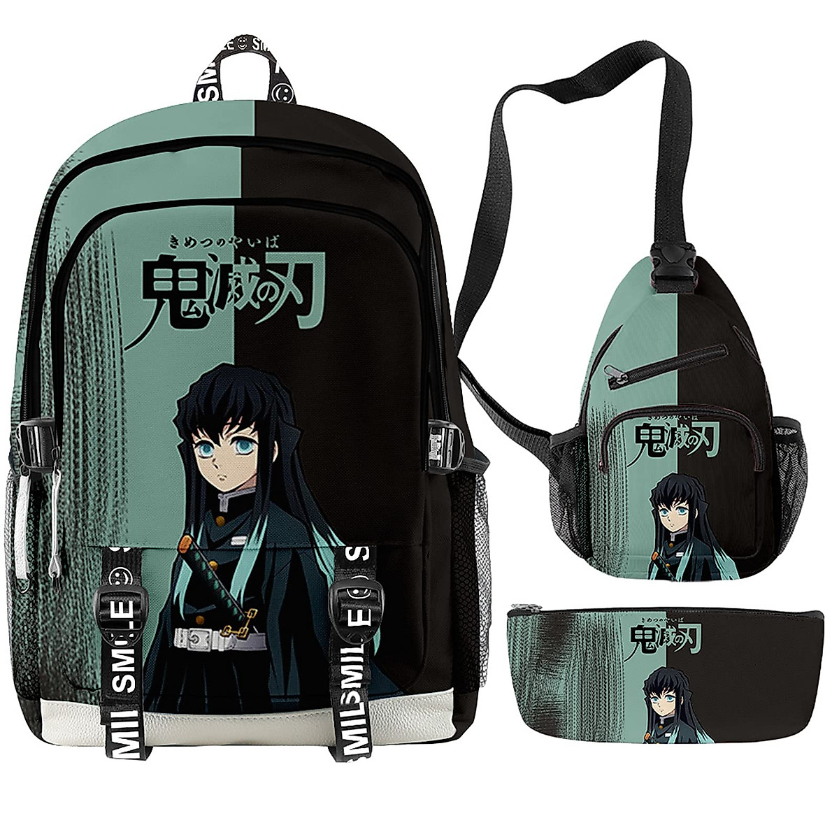 HANDAFA Unisex Nezuko Print Backpack Set Manga Cosplay 3PCS Bag Shoulder Bag PencilBag Set(Muichirou)