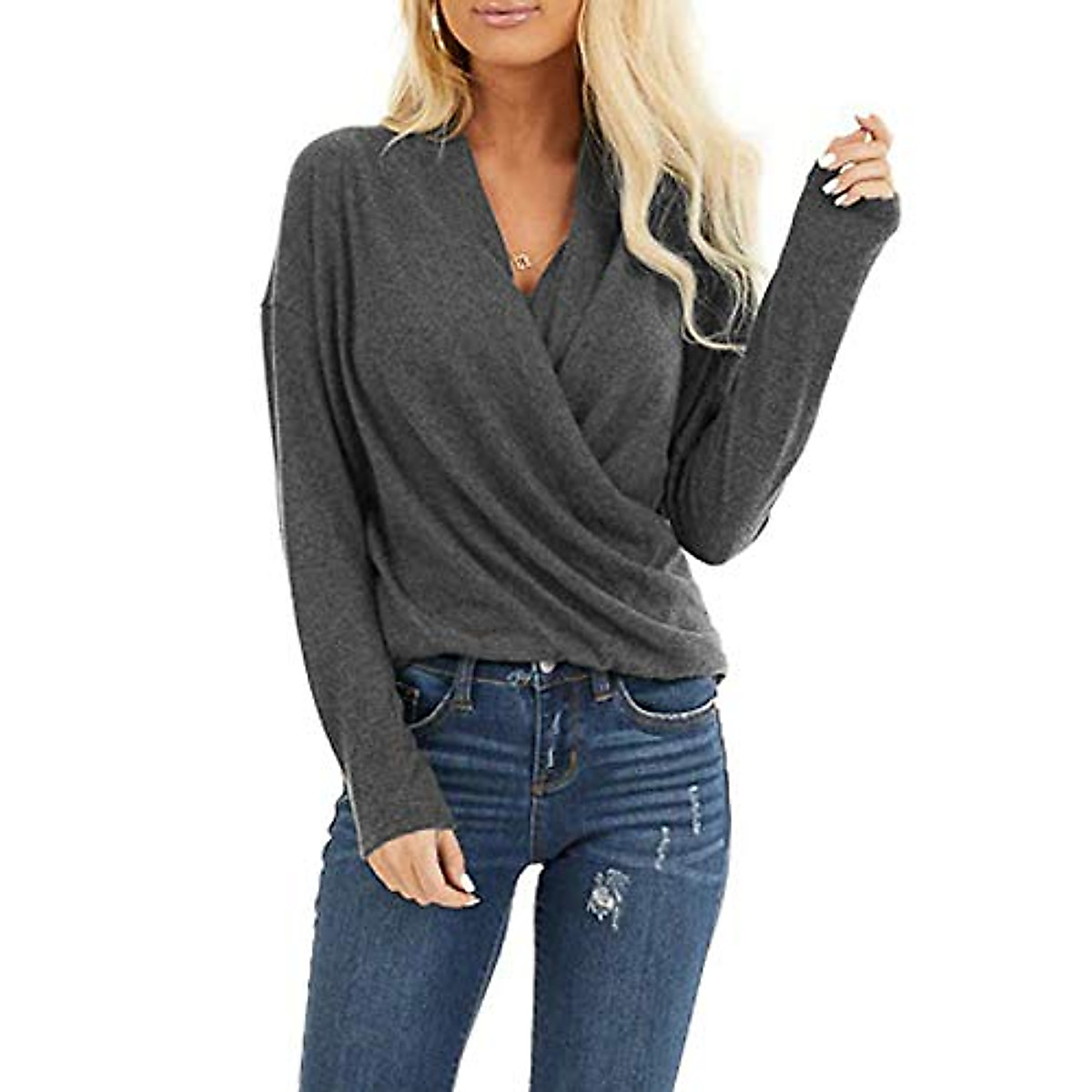 EVALESS Womens Casual V Neck Wrap Long Sleeve Knit Pullover Tops Sweater Shirts Gray M