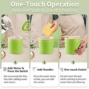 Topwit Ramen Cooker, Mini Electric Pot 1L, 500W Electric Cooker for Noodles, Portable Pot for Pasta, Steak, Egg with Over-Heating Protection, Boil Dry Protection, Dorm Room Essentials, Green