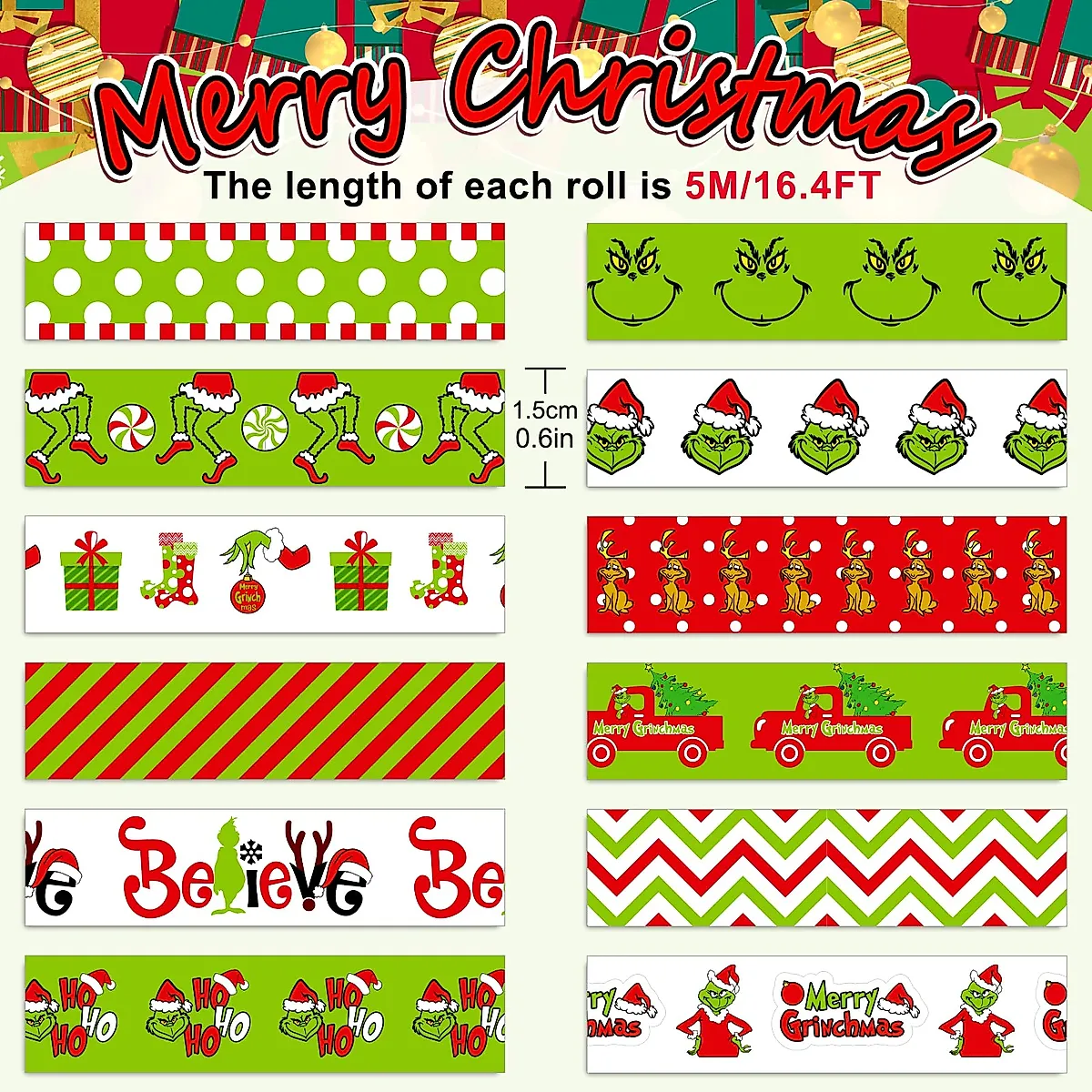 Whaline 12 Rolls Christmas Washi Tape Funny Cartoon Characters Decorative Tape Green Red Xmas Holiday Masking Tape for Christmas Scrapbook Journal Calendar DIY Craft Gift Wrapping, 16.4ft x 0.6"
