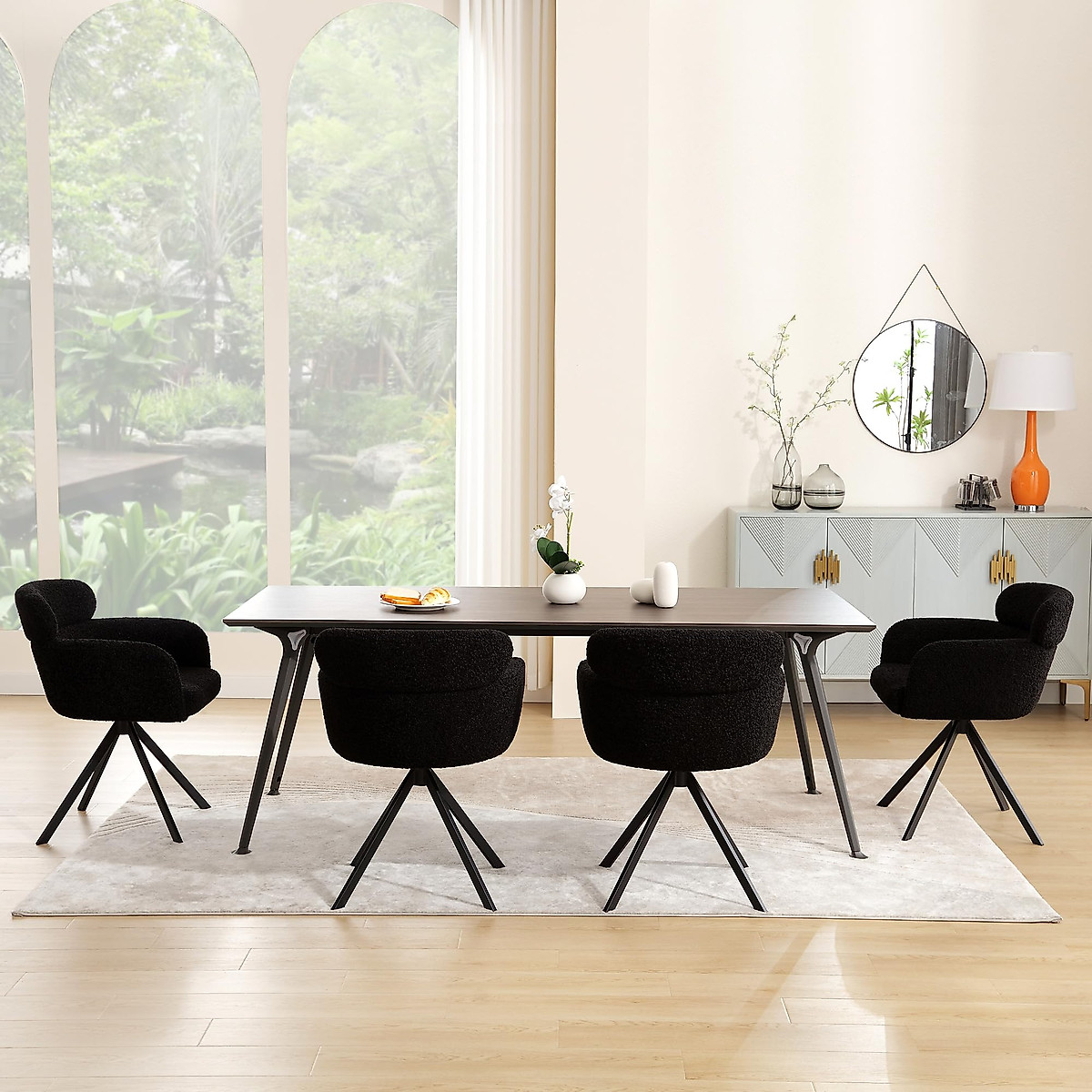 Zesthouse Sherpa Desk Chair No Wheels, Swivel Vanity Chair for Girls Women, Modern Accent Armchair with Extra Backs, Upholstered Computer Task Chair for Living Room Bedroom, Black