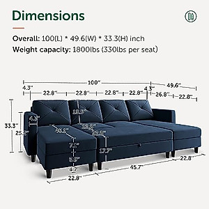 HONBAY Sleeper Sectional Sofa Set Velvet U Shaped Couch with Storage Ottoman 4-Seat Sectional Sofa Set for Living Room, Dark Blue