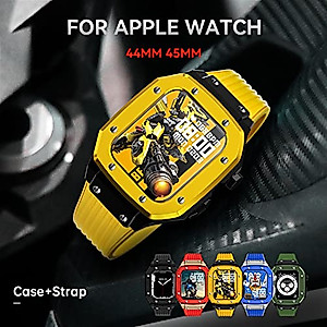 BUDAY Alloy Watch Case Strap For Apple Watch Band Series 8 7 6 5 4 SE 45mm 44mm 42mm Luxury Metal Rubber Stainless Steel Watch Modification Mod Kit Watch Strap (Color : White rose gold, Size : 45mm