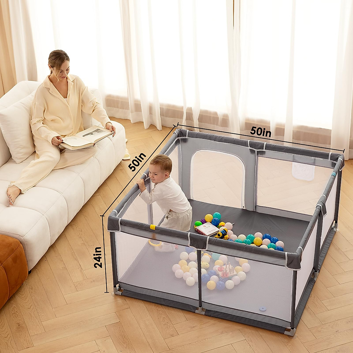 DEAR LOV Baby Playpen, 50"x50" Baby Playard, Playpen for Babies and Toddlers with Gate, Small Baby Playpen, Indoor & Outdoor Kid Activity Center with Anti-Slip Base, Sturdy Safety with Soft Mesh(Gray)