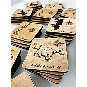 Custom Lake Map Square Wood Coasters - ANY LAKE! sets of 4, 6, 8- lake house décor Laser Engraved