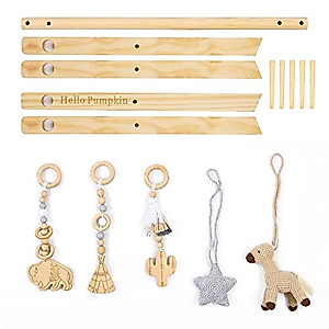 Wooden Baby Play Gym with Black Mat,Foldable & Handmade Wooden Play Gym Frame Activity with 5 Hanging Toys Untreated Beechwood & Cotton Montessori Baby Toys,Play & Learn Infant Activity Mat