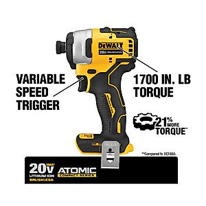 DEWALT ATOMIC 20V-Max Brushless/Cordless Compact 1/4 in. Impact Driver Kit w/Charger, 2.0Ah-Battery, Bag&Belt Clip