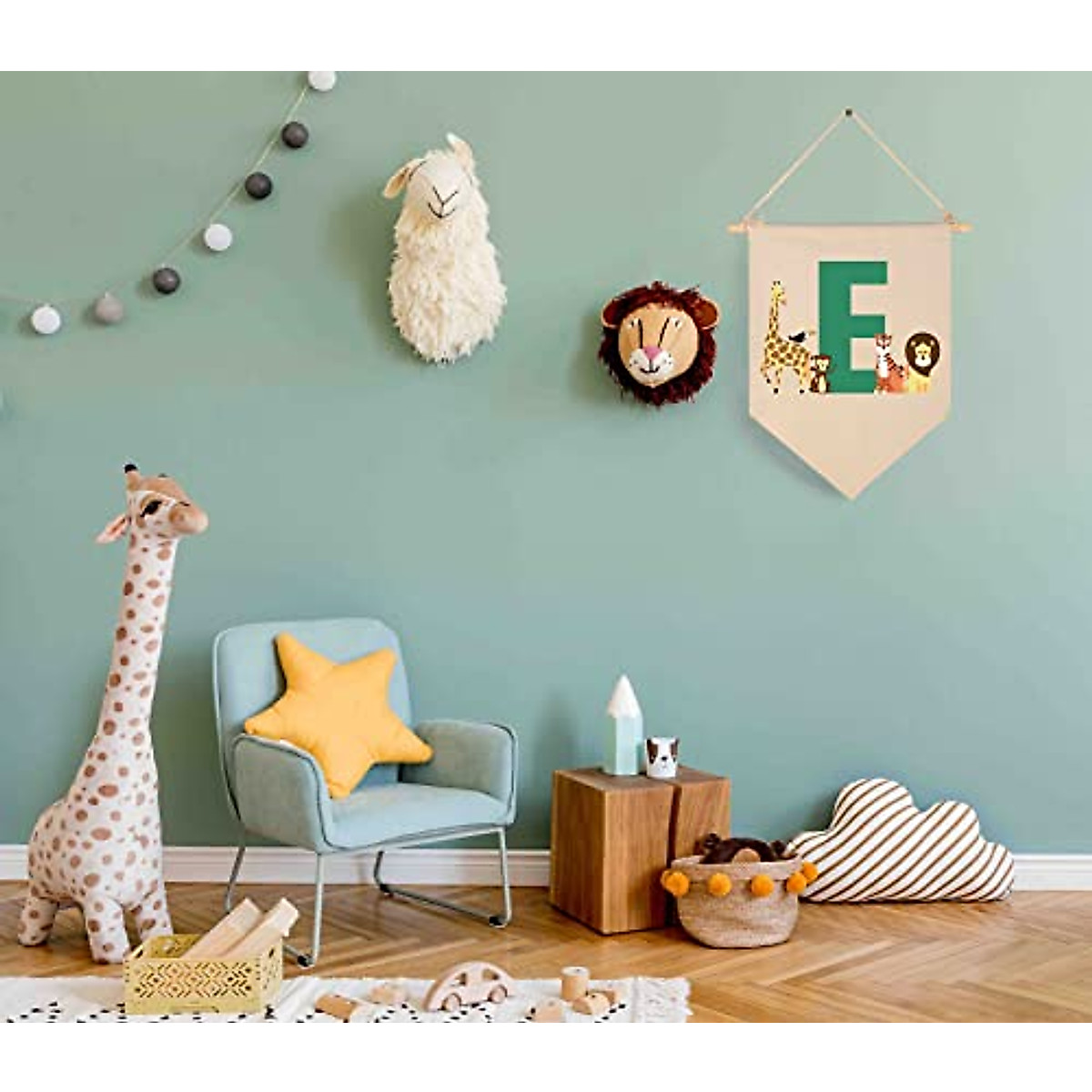 Personalised Woodland Animal Flag Decor Gifts for Baby Boy Girl Newborn Kids-Jungle Safari Pennant Banner Wall Sign Gifts for Nursery Baby Room Bedroom Playroom Front Door-Monogrammed Initial Letter E