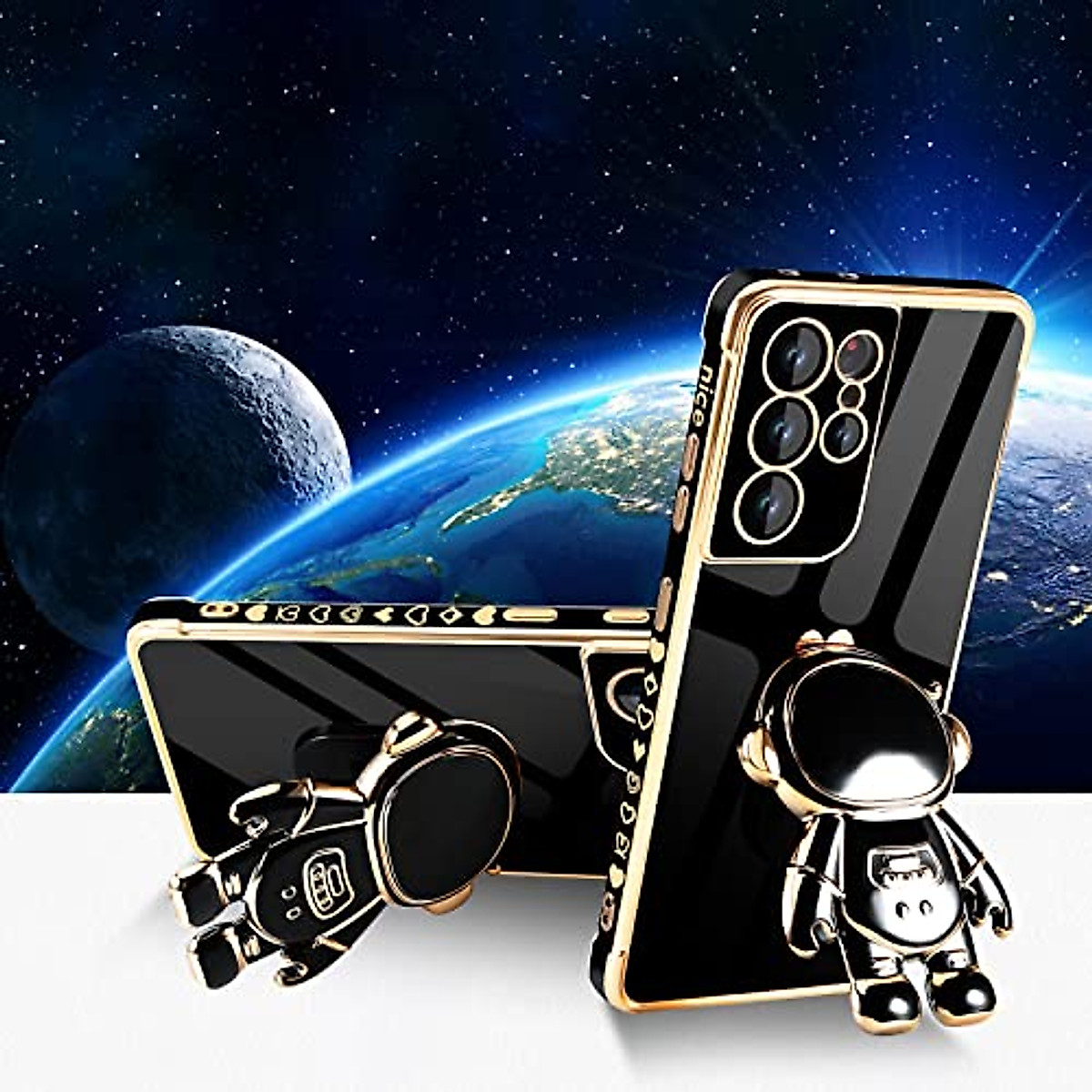 Jusy Samsung Galaxy S22 Ultra 5G Case - 6D Plating Astronaut Stand, Camera Protector, Shockproof Bumper, Love Heart Theme, Elegant Design for Girls & Women - Black