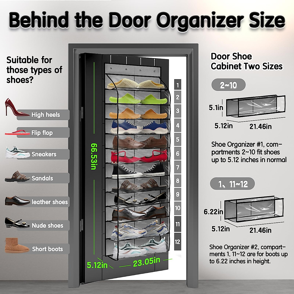 Kotkn Over the Door Hanging Shoe Organizer, 12 Slotted Clear Large Pockets, Hanging Hanging Shoe Organizer, Reusable - Shoe Organizer. Shoe organizer shoe rack for adults, children, babies (Gray)