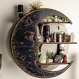 Eayoly Wooden Moon Shelf for Crystals, Floating Shelves Made of Wood, Display Shelf for Essential Oil, Crescent Moon Floating Shelves, Rustic Storage Shelf for Living Room, Bedroom, Bathroom