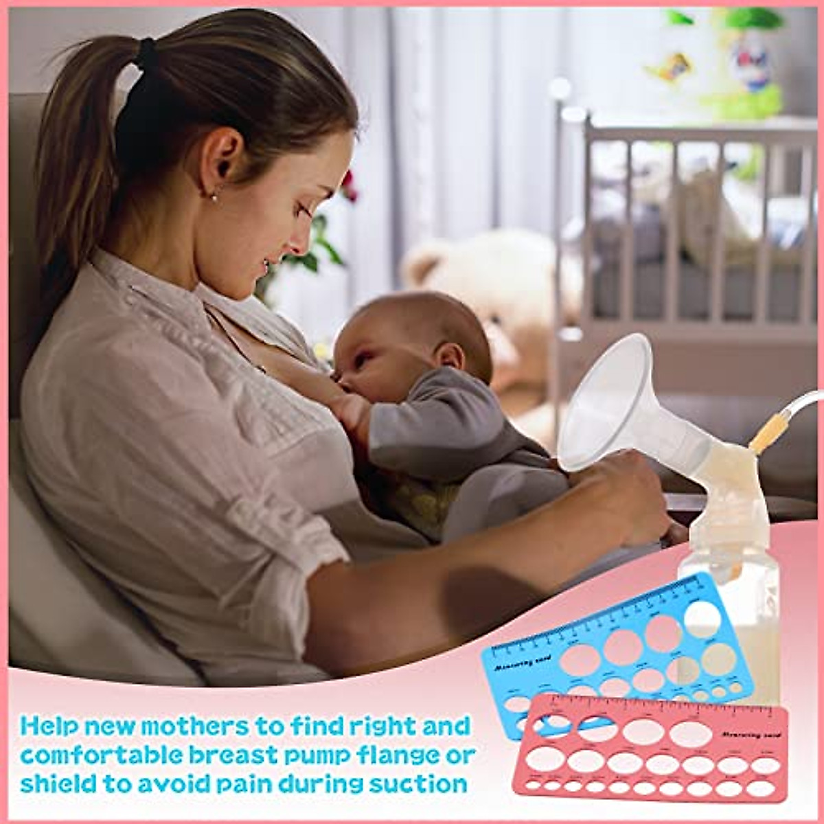 Nipple Rulers for Flange Sizing 4PCS, Breast Pump Shield Nipple Measurement Tool for Flanges with 2 Soft Rulers, Circle Templates Ruler for New Mothers, Silicone, Double Side Print, 100% BPA Free