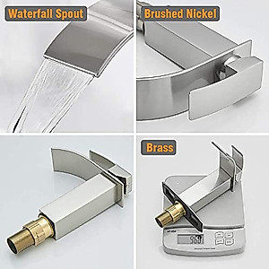 Hoimpro Waterfall Spout Brushed Nickel Single Hole Bathroom Faucet,Single Handle Bathroom Vanity Sink Faucet, Rv Lavatory Vessel Faucet with 6 Inch Deck Plate, Brass
