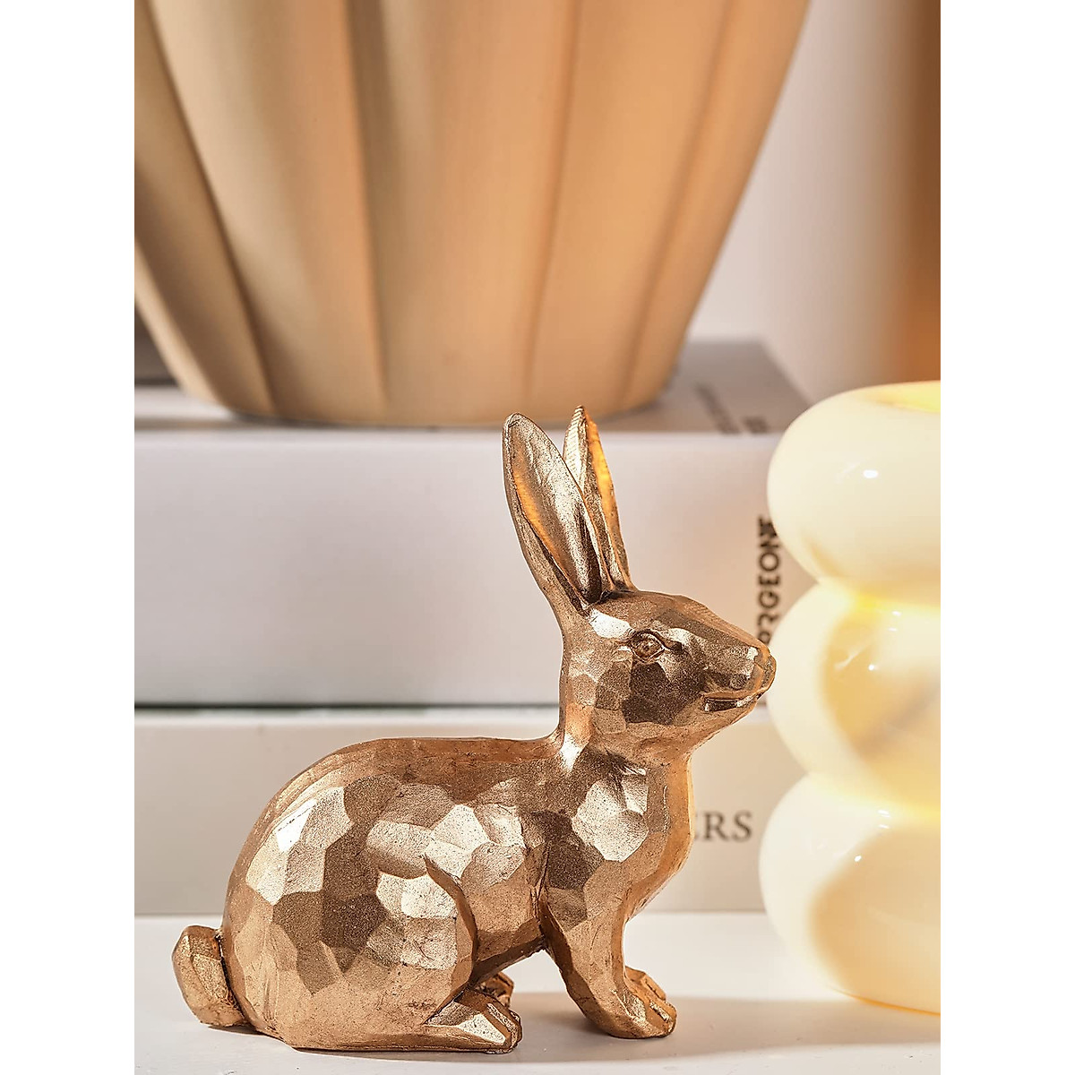 DN DECONATION Golden Polyresin Bunny Decor Rabbit Figurines, Easter Bunny Statue Set of 3 for Spring Tabletop Decor