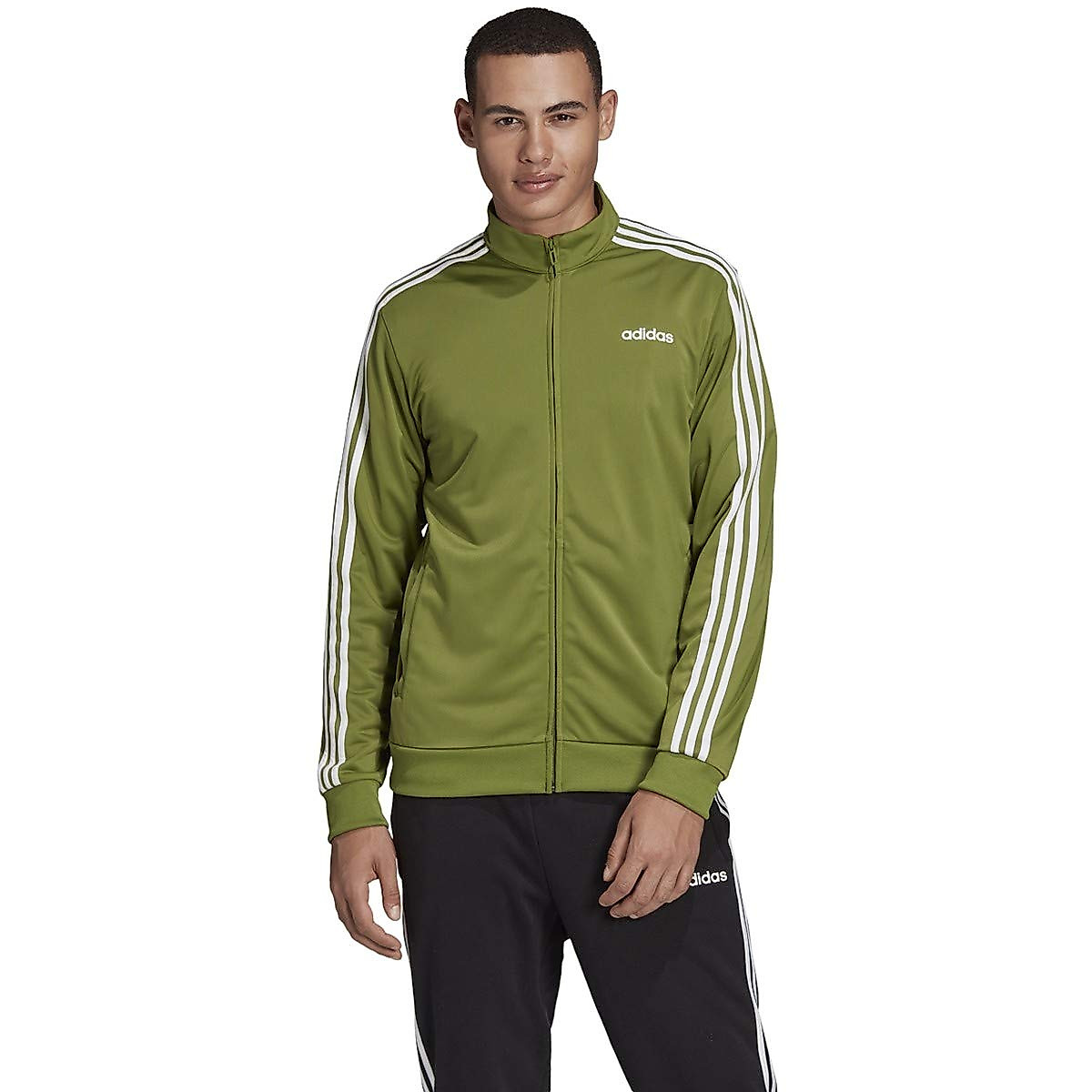 adidas Men's Essentials 3-Stripes Tricot Track Jacket, Tech Olive, Small