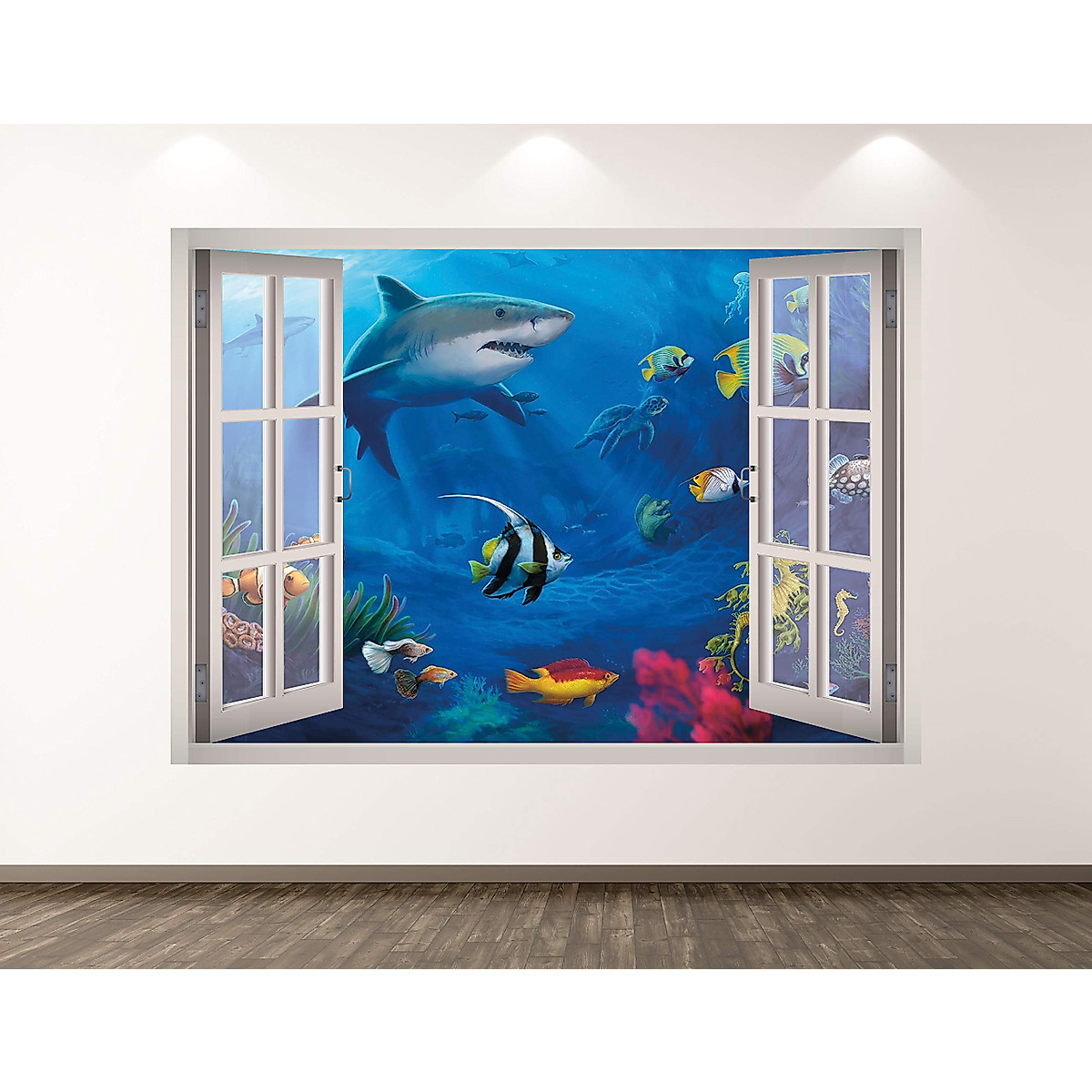 Shark Wall Decal Art Decor 3D Window Aquarium Sticker Mural Kids Room Custom Gift BL55 (40"W x 30"H)