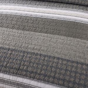 Soul & Lane Madrona 3-Piece Pieced Cotton Quilt Set - Queen Size with 2 Shams, Modern Masculine Quilted Bedspread in Brown and Gray, Contemporary Striped Bedding for Men's Bedroom