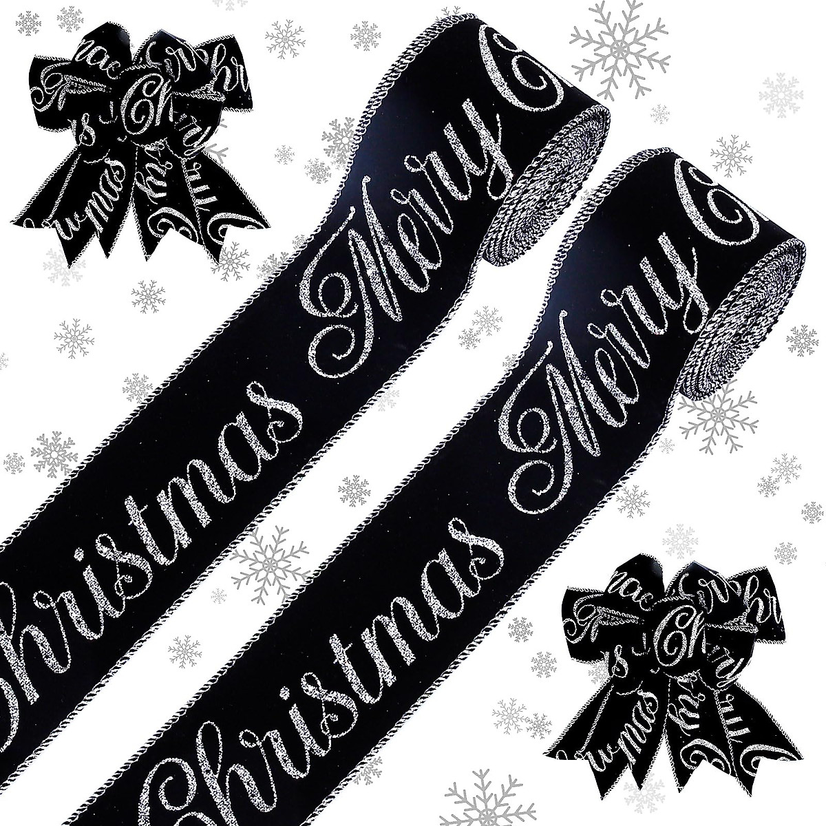 Whaline 50 Yards Christmas Velvet Wired Ribbon 2.5 Inch Merry Christmas Velvet Ribbon Black Silver Glitter Xmas Decor Wrapping Ribbon for Gift Wrapping Bow Wreath Crafts Home Decor, 2 Roll