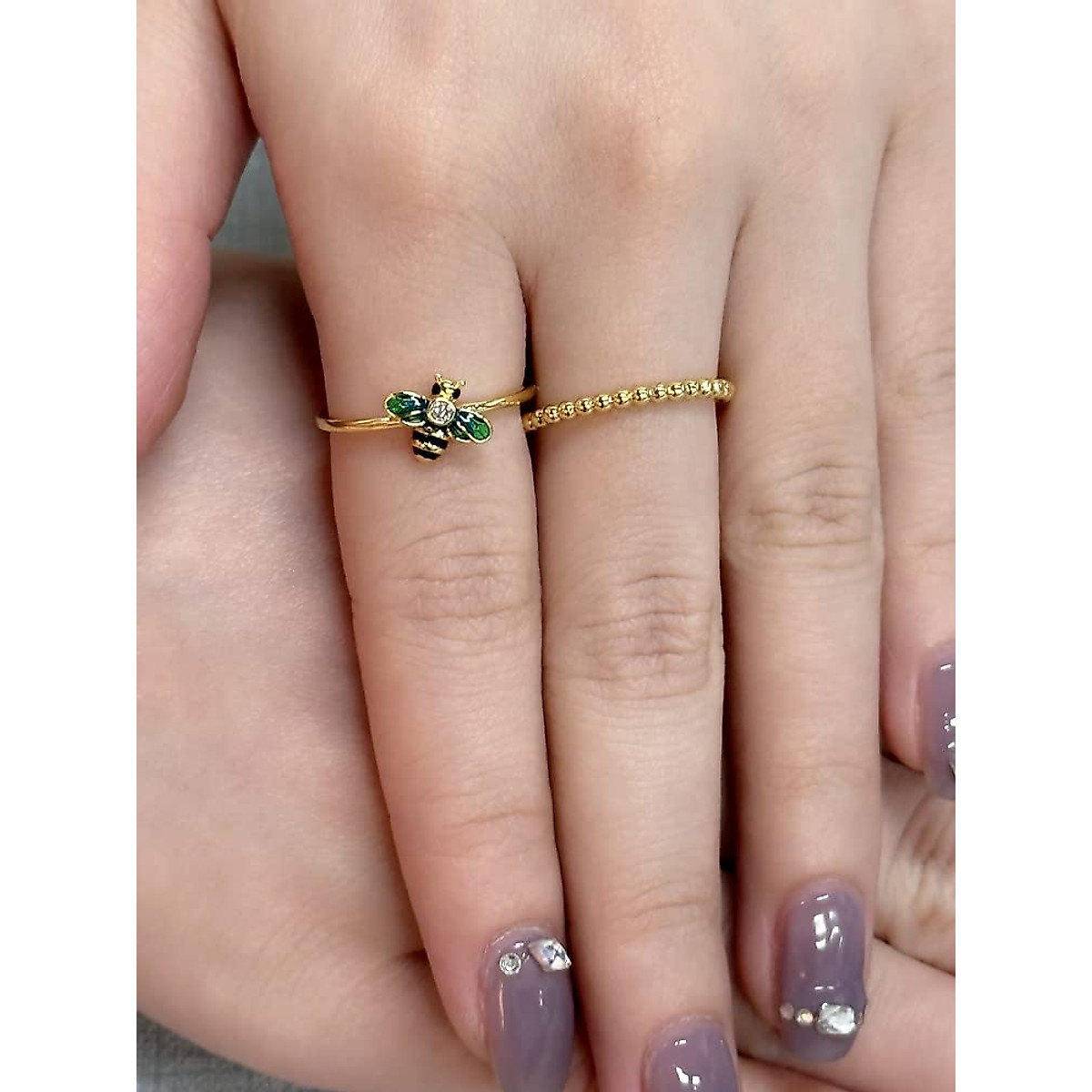 CZ Bee Promise Band Ring for Women 14K Gold Plated Dainty Cute Crystal Blue Green Bumblebee Honeybee Statement Stackable Finger Rings Comfort Fit Fashion Birthday Wedding Holiday Jewelry Gift Size 8