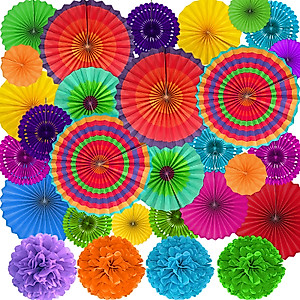 TURNMEON 30 Pcs Fiesta Mexican Party Decorations Set, 26 Colorful Hanging Paper Fans 4 Cinco De Mayo Pom Poms for Taco Tuesday Fiesta Party Supplies Decorations Luau Photo Props Carnival Birthday