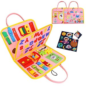 Orlashop Busy Board Montessori Toys for Toddlers Preschool Autistic Travel Educational Toys Learning Basic Dress Skills Sensory Toys for 1 2 3 4 Year Old Boys Girls Birthday Gift for Kids,Pink