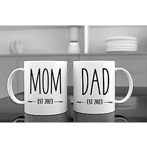 Pregnancy Gift Est 2023 - New Mom and Dad Est 2023 11 oz Mug Set with "Let The Adventure Begin" Romper (0-3 Months) - Top Mom and Dad Gift Set for New and Expecting Parents to Be - Baby Shower