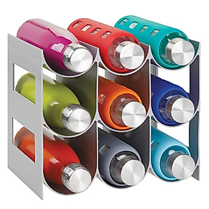 mDesign Plastic Water Bottle Organization/Wine Rack Storage Organizer for Kitchen Countertops, Cabinet, Bin, Pantry, Fridge, Refrigerator, 3 Tiers, 9 Bottles, Lumiere Collection - Gray