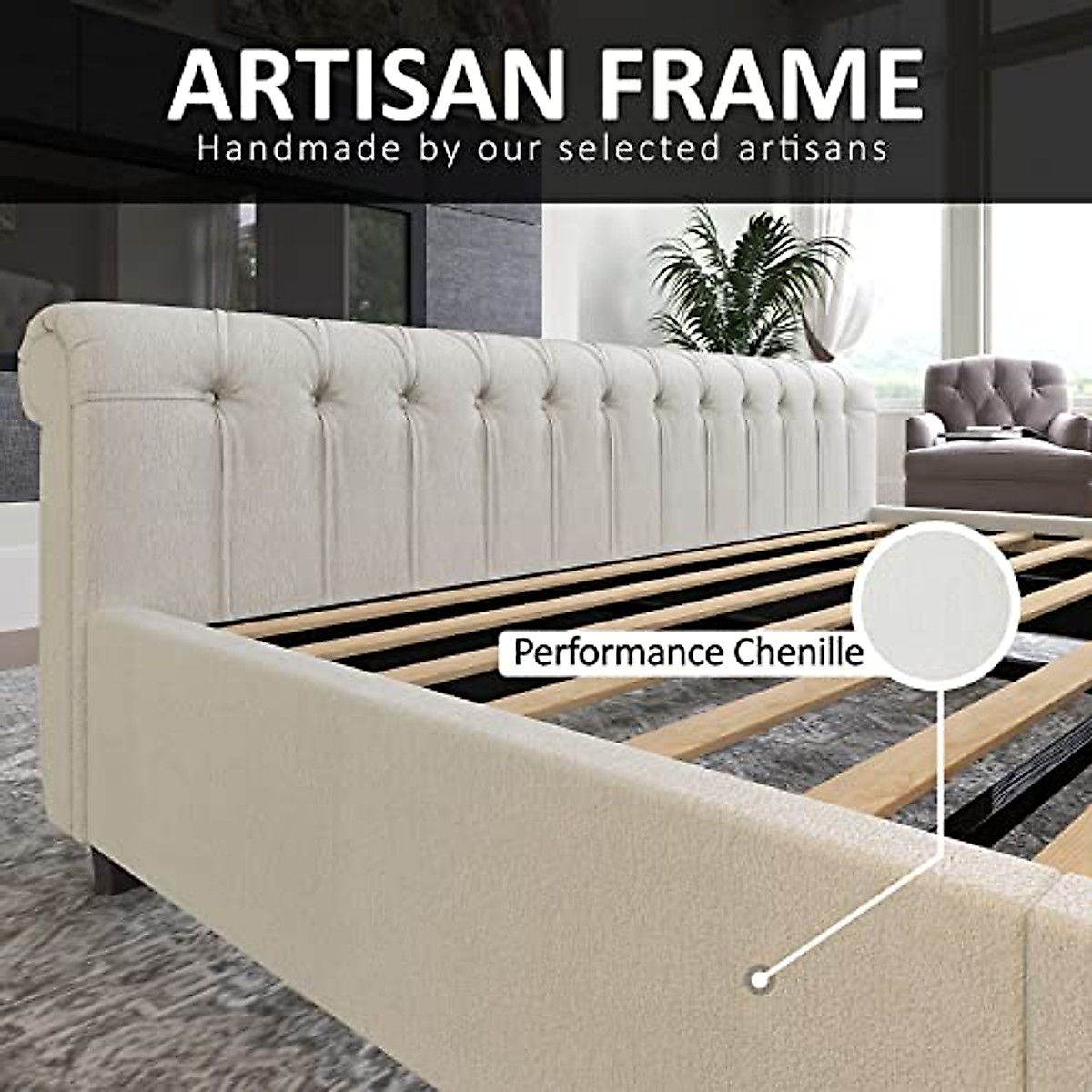AMERLIFE Queen Size Platform Bed Frame, Chenille Upholstered Sleigh Bed with Scroll Wingback Headboard & Footboard/Button Tufted/No Box Spring Required/Cream
