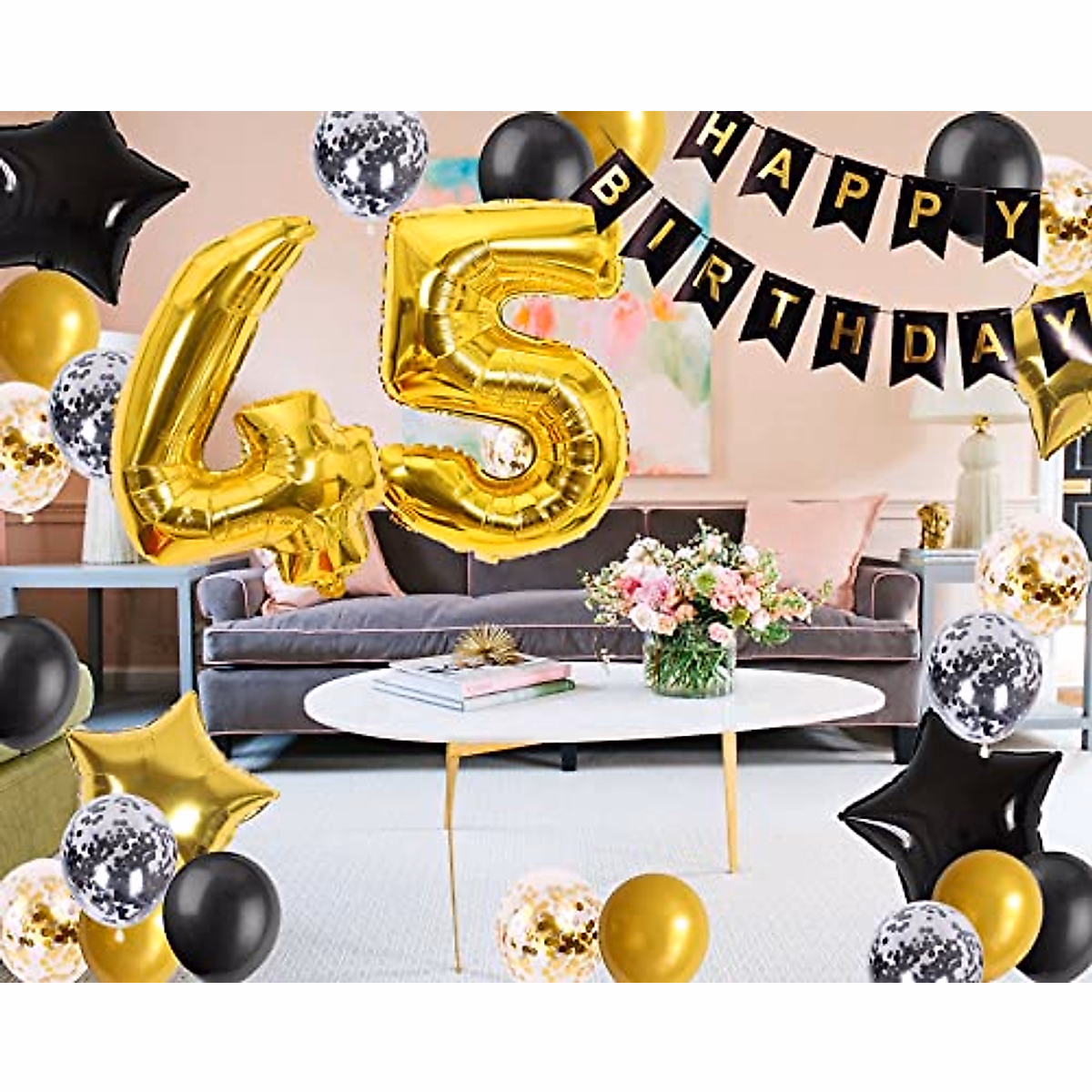 45th Birthday Decorations Black Gold for Men Women, 45th Birthday Banners Number 45 Birthday Balloons Star Foil Confetti Balloons for Cheers to 45 Years Old Birthday Party Decorations(45th)