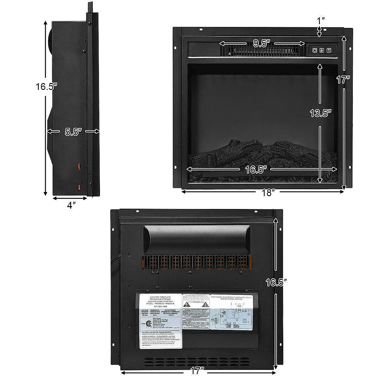 18"x17" 1400W Freestanding Electric Fireplace Mantel Insert With Remote Control Wall-Mounted Heater Realistic Flame Effect 3 Levels Flame Brightness Can Place in TV Stand Operates With Or Without Heat