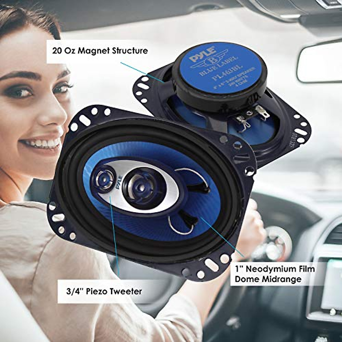 Pyle 4'' x 6'' Three Way Sound Speaker System - Pro Mid Range Triaxial Loud Audio 240 Watt per Pair w/ 4 Ohm Impedance and 3/4'' Piezo Tweeter for Car Component Stereo PL463BL