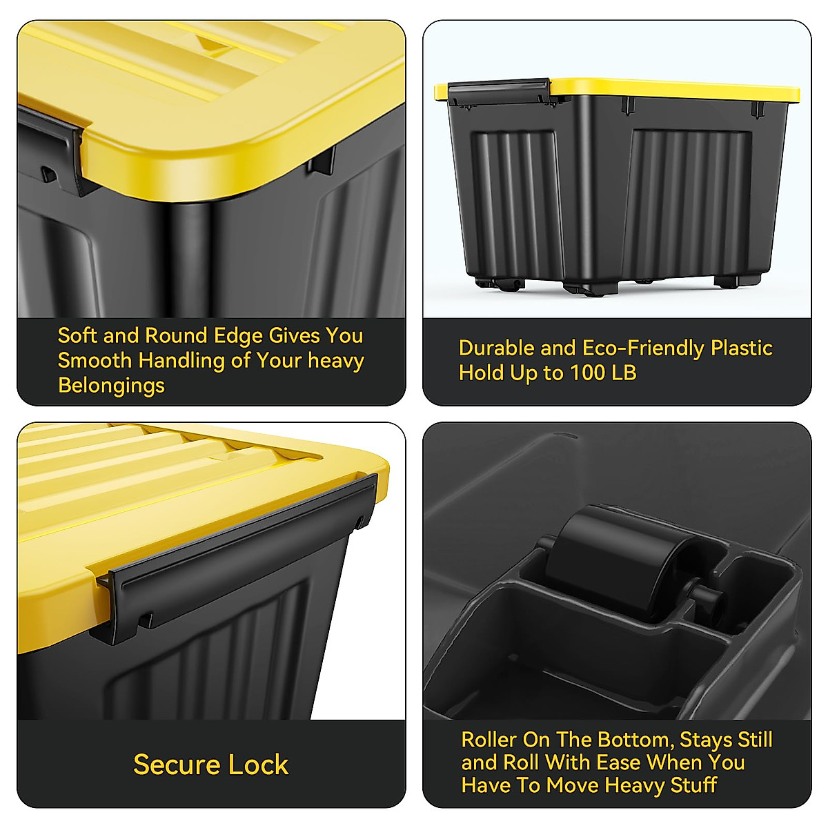 Nazhura 72Quart Plastic Storage Bin, Stackable and Nestable Storage Boxes with White Lids and Secure Latching Buckles, Large Storage Container (Black/Yellow, 72Quart-6Pack)