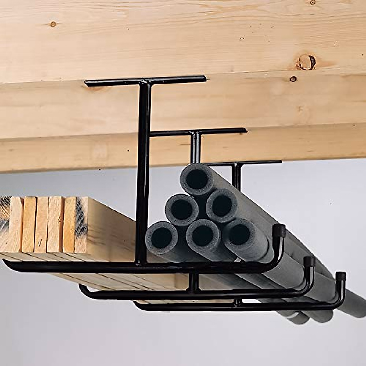 Henson Overhead Garage Storage Rack - Heavy Duty Double Ceiling Mounted Hooks Utility Hangers Safe Racks for Fishing Rod 16.5" Arm Length 2 Pack, Black
