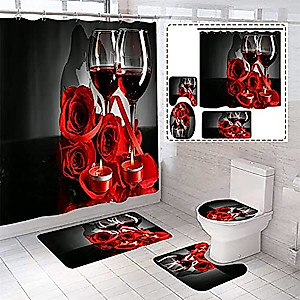 4 Piece Shower Curtain Sets with Non-Slip Rugs,Toilet Lid Cover and Bath Mat,Rose Romantic Flowers and Wine for Lover Shower Curtains and Rugs Set and Accessories - Bathroom Decor,71" L