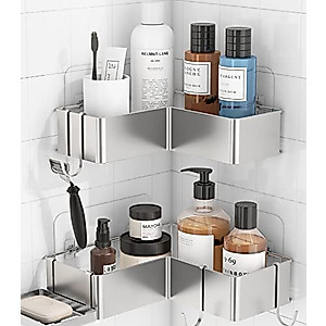 Kitsure Corner Shower Caddy - 2 Pack Rustproof Shower Organizer, Durable Shower Shelves with Large Capacity, Drill-Free Adhesive Shower Rack with 4 Movable Hooks, a Soap Holder, Silver