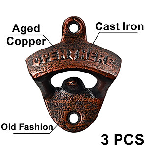HAIICEN Aged Copper Wall Mount Beer Bottle Opener Cast Iron Beer Cap Opener Open Here for Patio Party Gifts (Pack of 3)