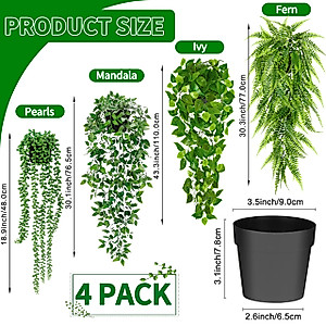 Artificial Hanging Plants for Shelf, 4 Pack Fake Potted Greenery Plant Faux Mandala Vine, String of Pearls, Ivy Vine,Persian Grass Fern in Pot for Desk Home Bathroom Farmhouse Room Table Decor
