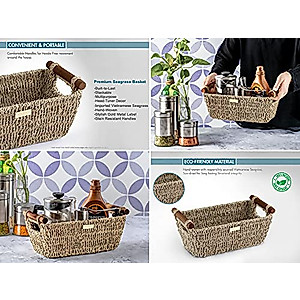 ADO Basics Seagrass Hand Woven Basket with Stain Resistant Polished Wooden Handles, Toilet paper Storage Wicker Baskets 12 inches Length, 6.29 inches Width, 4.25 inches Height, Natural