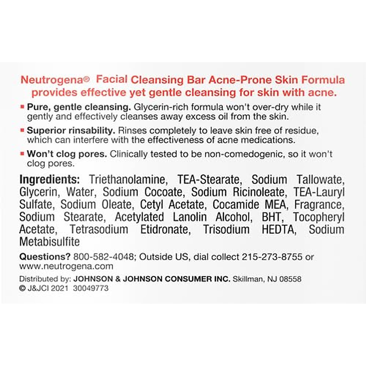 Neutrogena Facial Cleansing Bar Treatment for Acne-Prone Skin, Non-Medicated & Glycerin-Rich Formula Gently Cleanses without Over-Drying, No Detergents or Dyes, Non-Comedogenic, 3.5 oz