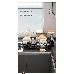 Taqargzy Dish Drying Rack Large Dish Drying Rack with Drainboard Set, Extendable Dish Rack, Utensil Holder, Cup Holder, Expandable Dish Drainer for Kitchen CounterCup Holder,(Black1)