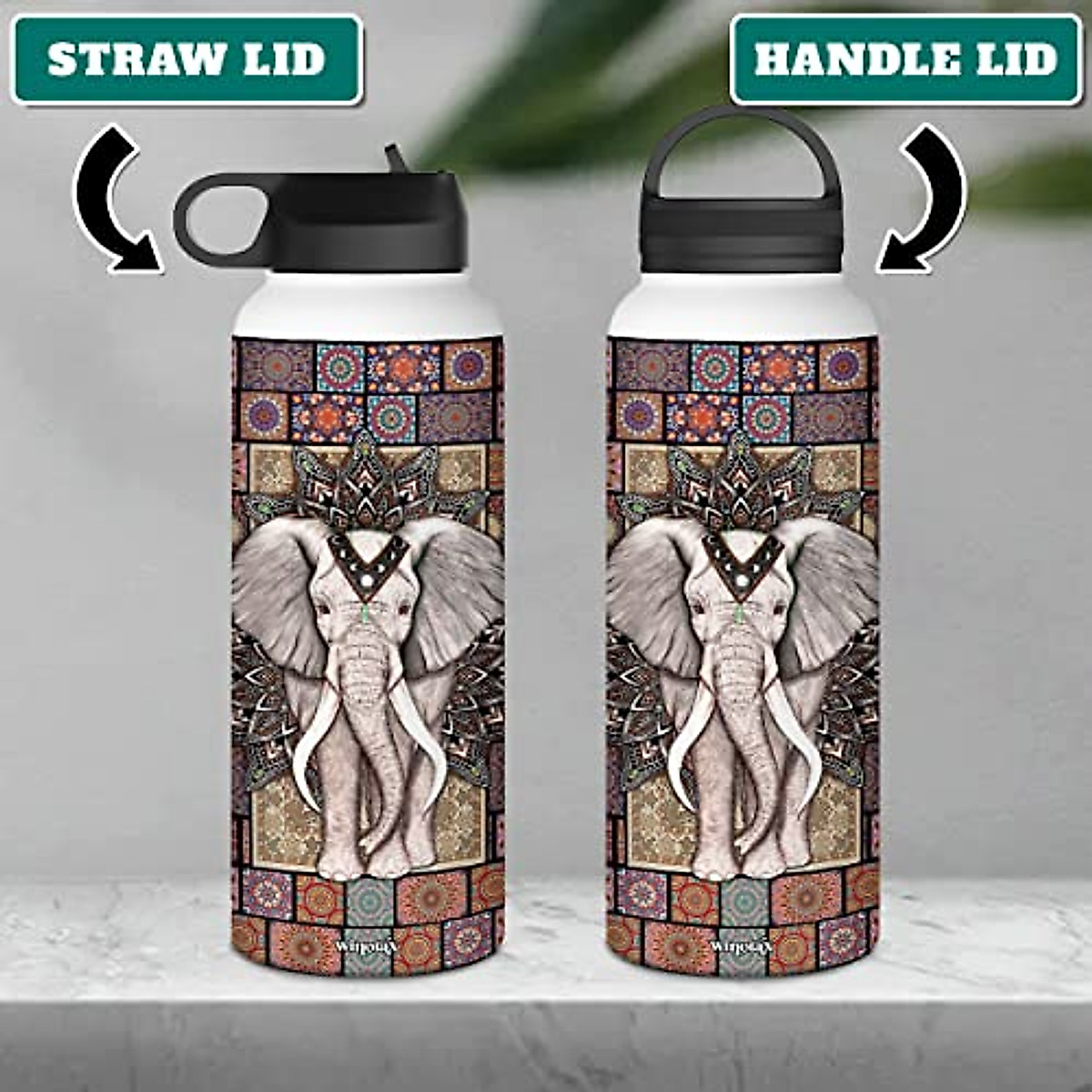winorax Personalized Elephant Water Bottle Mandala Style Stainless Steel Double Wall Vacuum Insulated Sport Bottles Travel Cup 12oz 18oz 32oz Birthday Christmas Gifts For Elephants Lovers Women Girls