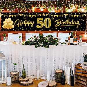 Happy 50th Birthday Banner Decorations, Black Gold 50 Birthday Sign Party Supplies for Men Women, Fifty Birthday Decor Photo Booth Props for Outdoor Indoor