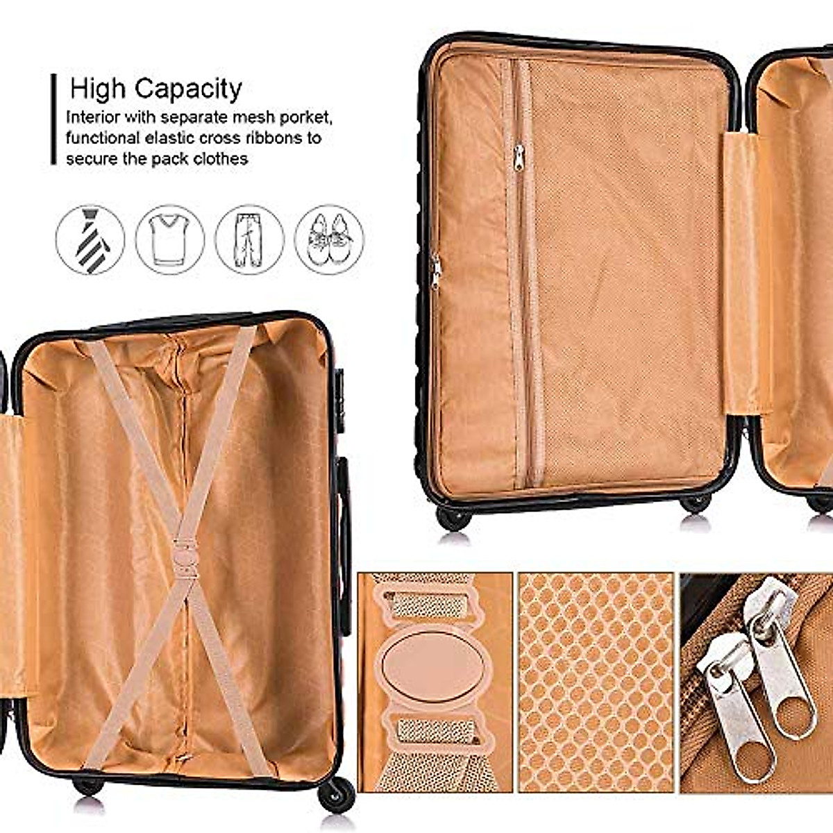 Apelila 4 Piece Hardshell Luggage Sets, Black Travel Suitcase, Check in & Carry On Luggages with Spinner Wheels Free Cover& Hangers Inside 18" 20" 24" 28"